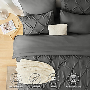 CozyLux Queen Comforter Set - 7 Pieces Comforters Queen Size Dark Grey, Pintuck Bed in A Bag Gray Pinch Pleat Bedding Sets with All Season Comforter, Flat Sheet, Fitted Sheet and Pillowcases & Shams