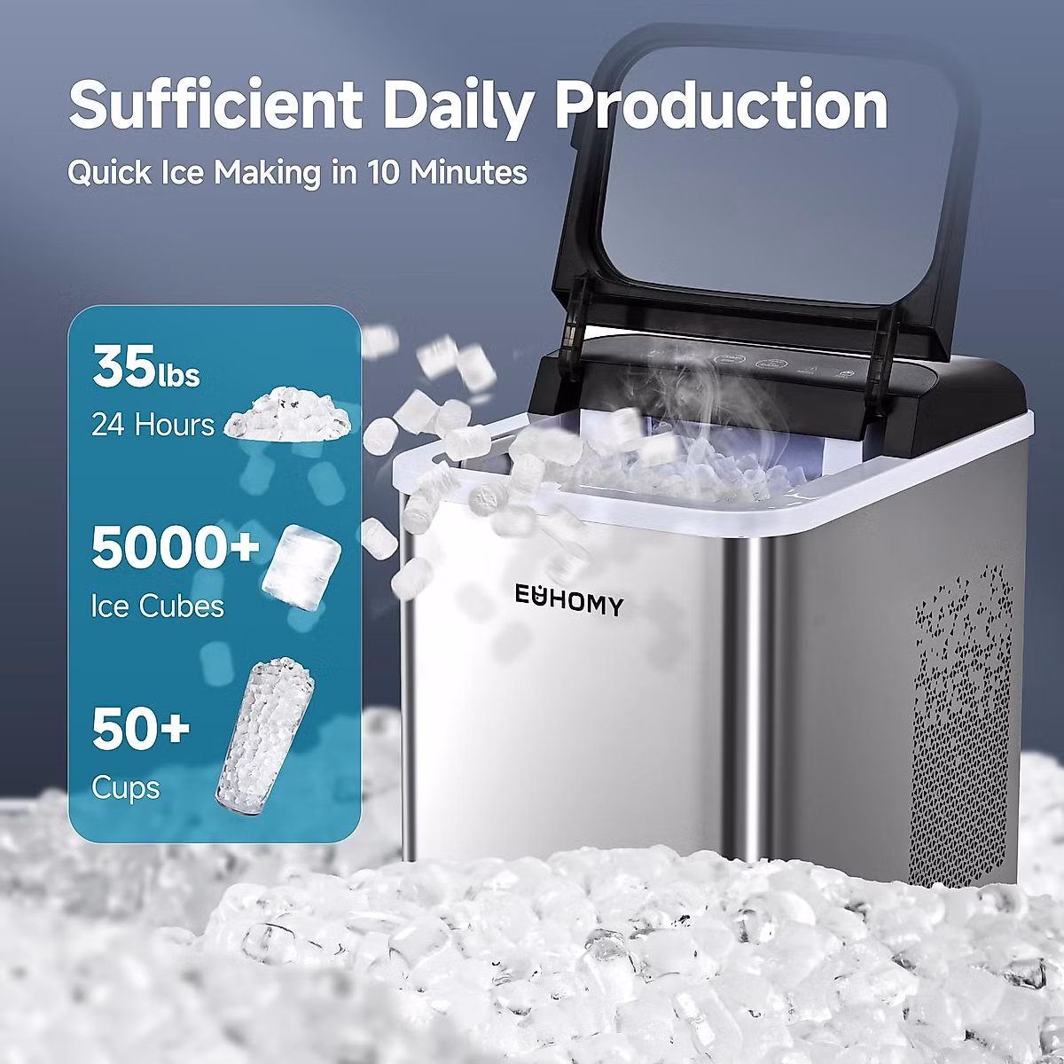 EUHOMY Nugget Ice Maker Countertop, Ready in 8 Mins, 35lbs/24H, Self-Cleaning, Portable Ice Makers Machine with Ice Scoop & Basket, Sonic Ice Maker with Chewable Pellet Ice for Home/Party/RV/Camping