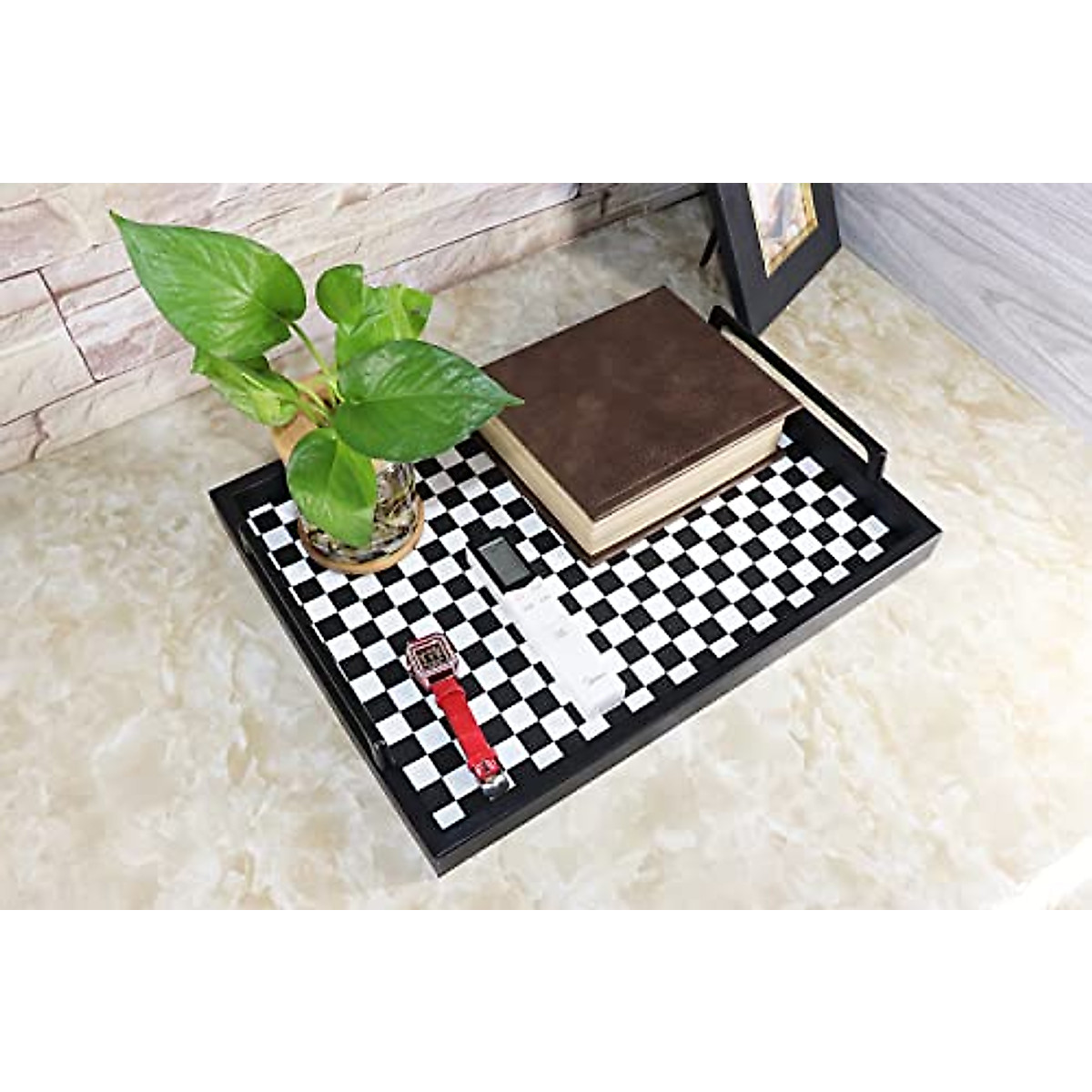 MCBZ Living Room Bedroom Decorative Tray, Coffee Table Kitchen Serving Tray, PU Leather Tray with Metal Handle 16.5 x 12.6 inches (Black and White Grid)