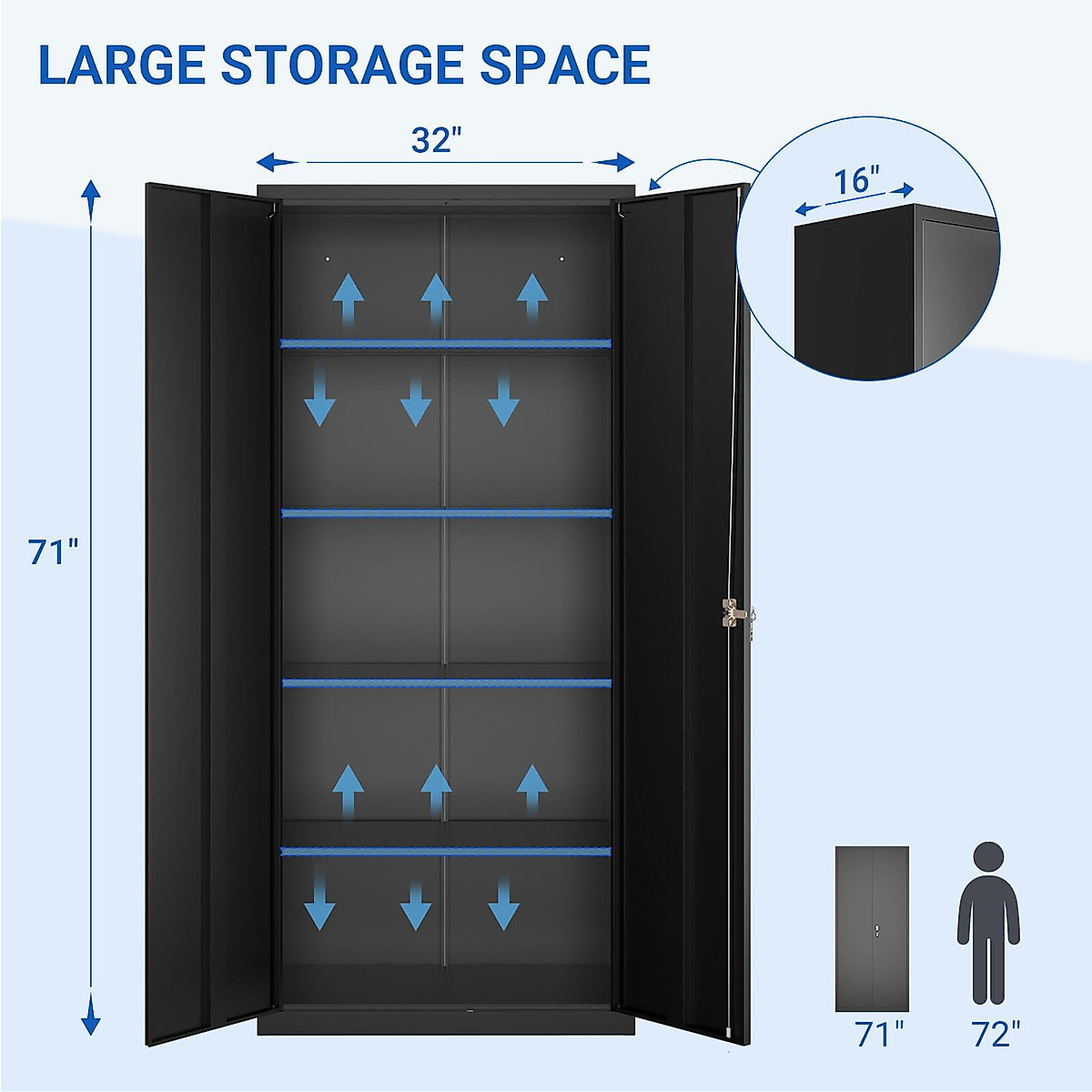 FLEXIMOUNTS Metal Storage Cabinet, 5-Tier Locking Cabinet with 4 Adjustable Shelves and 2 Doors, 71" H, Large-Capacity Cabinet for Garage, Home, Office, Laundry Storage, Black