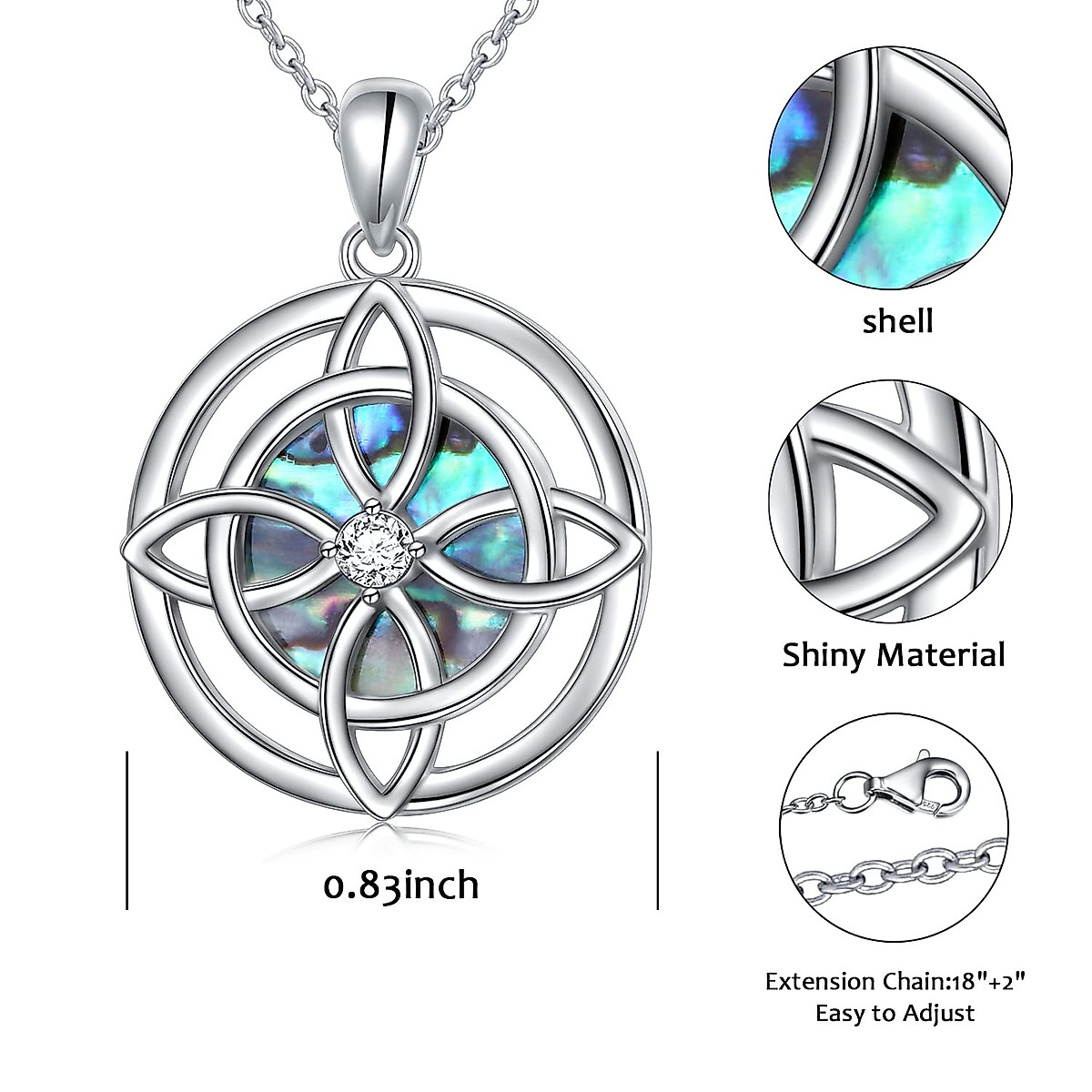 925 Sterling Silver Good Luck Irish Celtic Knot Jewelry Abalone Shell Witches Knot Pendant Necklace for Women
