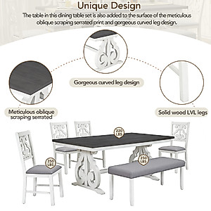 KoiHome Wooden, Farmhouse Rectangular Legs, 4 Carved Hollow Back and Bench for Home Room,Kitchen/Restaurant (Gray+White), 6-Piece Dining Table/Chairs Set