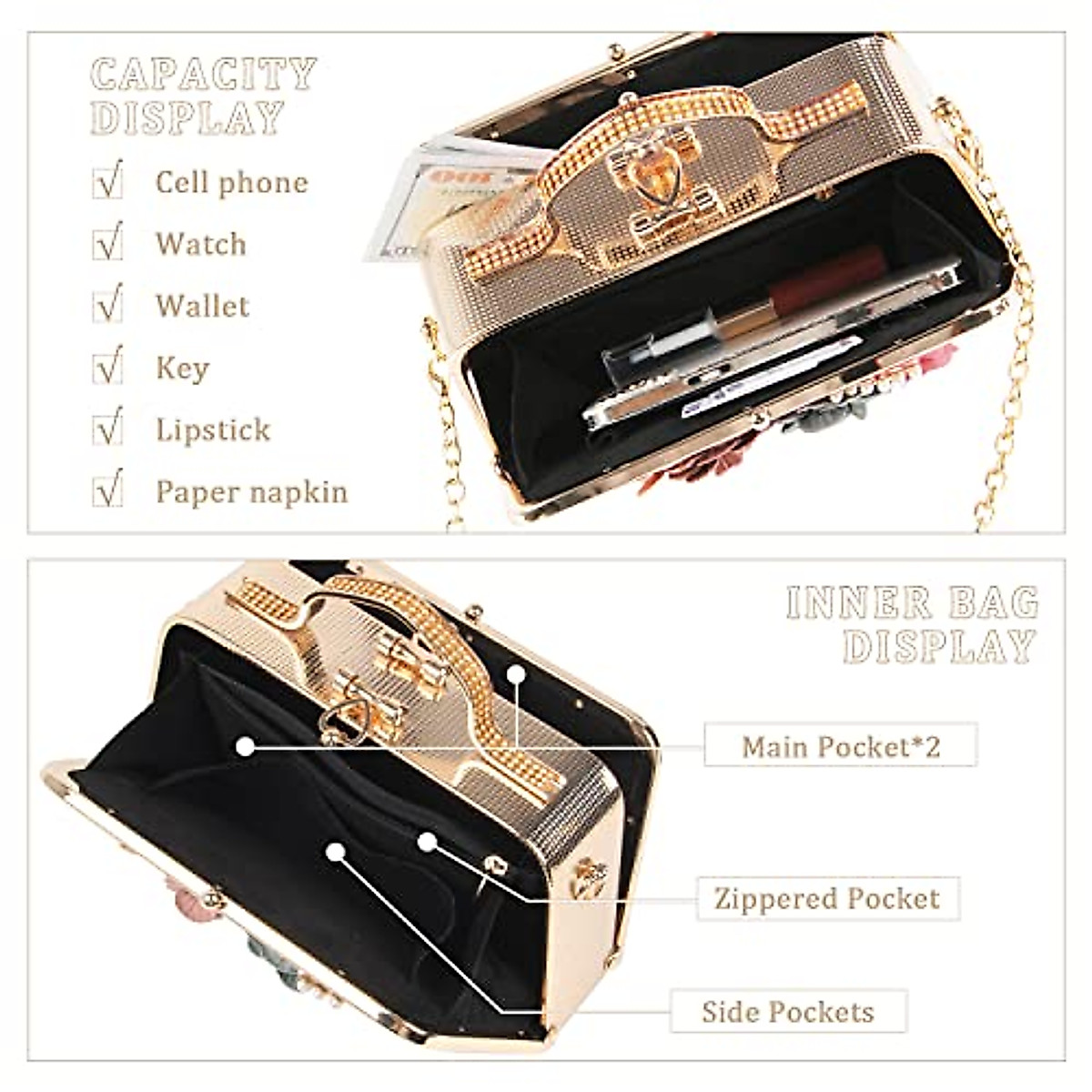 Oweisong Women's Evening Handbags Floral Wedding Evening Clutch Sparkling Flower Party Prom Bridal Shoulder Bag for Banquet