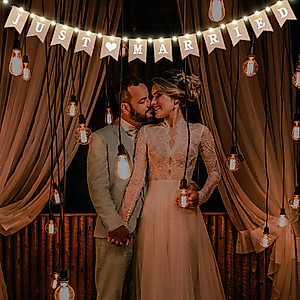 Just Married Burlap Banner, Wedding Bunting Banner with LED Fairy String Light 8 Flicker Mode, Hanging Sign Garland Pennant Photo Booth Props for Bridal Shower Wedding Engagement Car Party Decoration