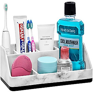 VITVITI Toothbrush Holder for Bathroom, Bathroom Organizer Countertop, Bathroom Accessories with 5 Compartment Storage for Toothpaste/Vanity Counter, White Resin of Marble Color