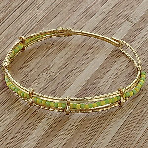 Gold Plated Babalawo Green and Yellow Beads Bangle Orula Bracelet for Women - Beautiful Gold Plated Orula Bangle Bracelet - Stylish Protection Jewelry for All Occasion