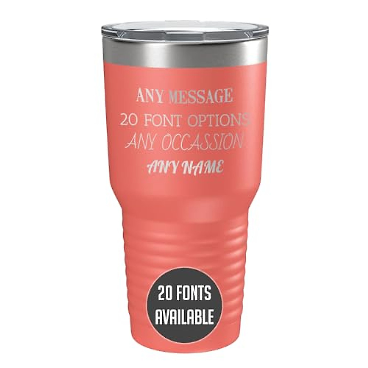 Personalized 30oz (17 Colors) Powder Coated Insulated Stainless Steel Tumbler with Lid, Custom Etched, Customized Text Message Name, Engraved Gift Idea Women Men Him Her, Your Text Here (Coral)