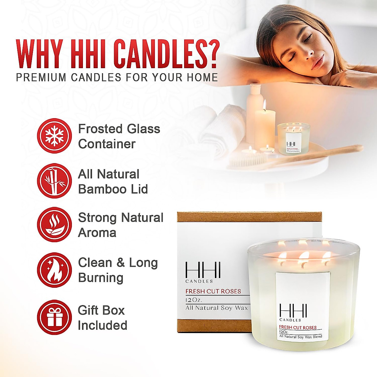 HHI Rose Scented All-Natural Soy Candle | Fresh Cut Roses | Large 12 Ounce 3 Wick | Long Burn time | Includes Bamboo Lid and Gift Box