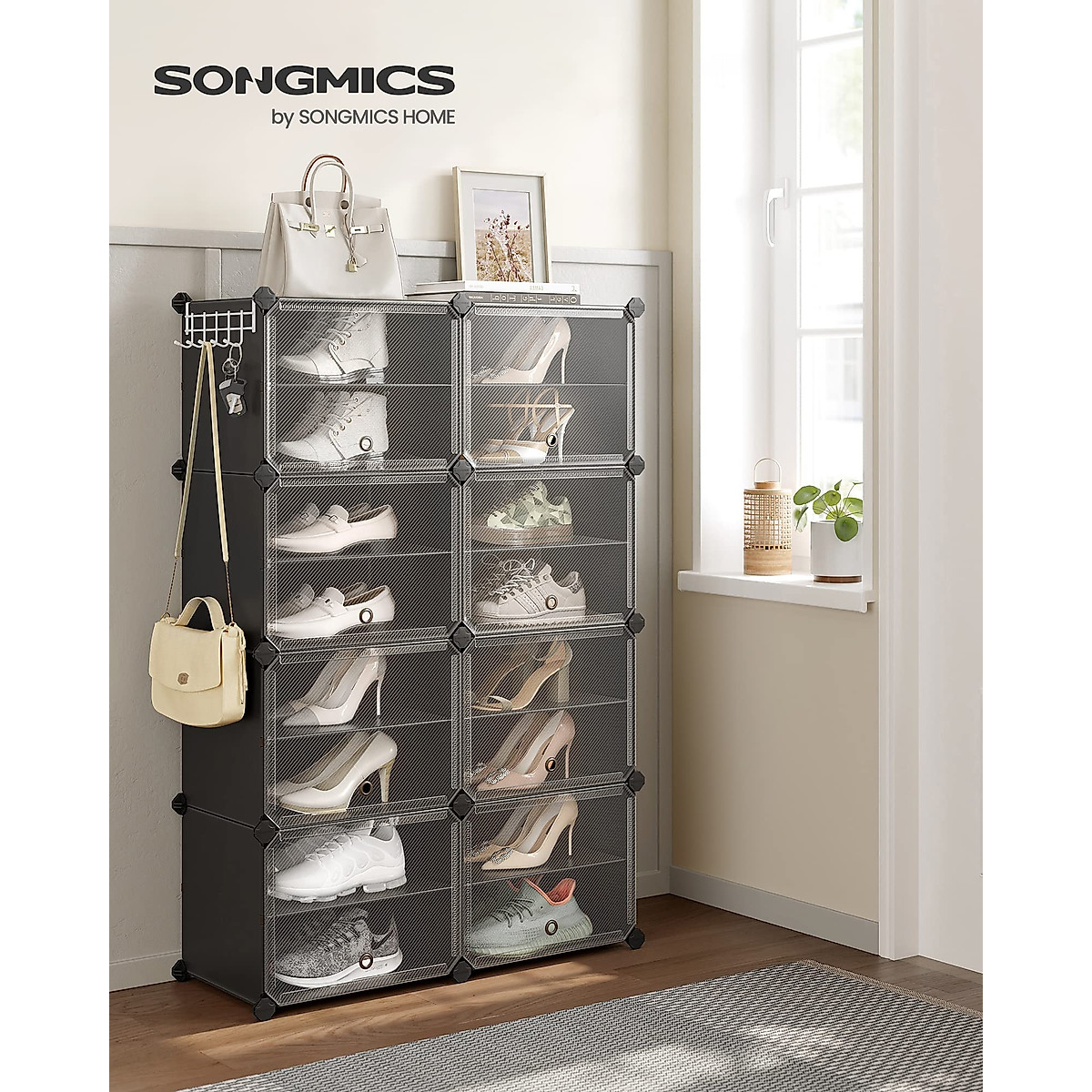 SONGMICS Shoe Rack, 8 Cubes Shoe Organizer with Doors, 32 Pair Plastic Shoe Storage Cabinet, for Bedroom, Entryway, Steel Frame, Plastic Panel, Black ULPC034B01
