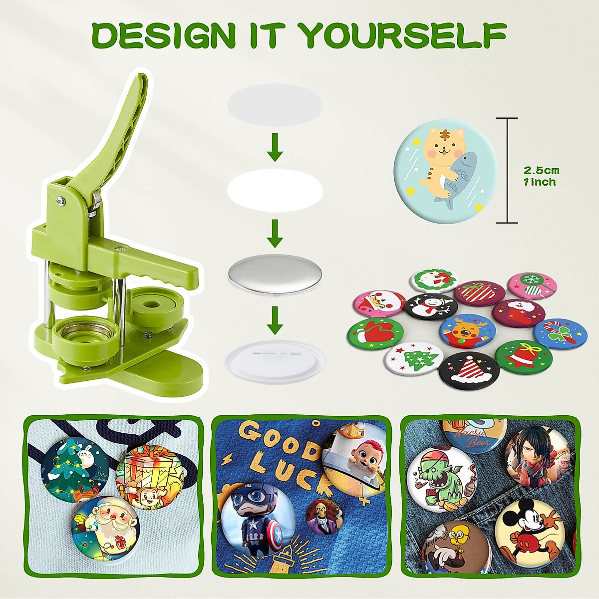 Alldeer Button Maker Machine 25mm - Installation-Free 0.98 in (about 1 Inch) DIY Pin Badge Button Maker Press Machine,Badge Punch Press Button Maker Kit with Free 50pcs Button Parts(Green)