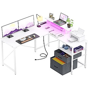 Homieasy L Shaped Computer Desk with Storage File Drawer, Reversible Home Office Desk with Recessed Power Strip and Led Strip, Corner Gaming Desk Work Study Table with Monitor Stand, White