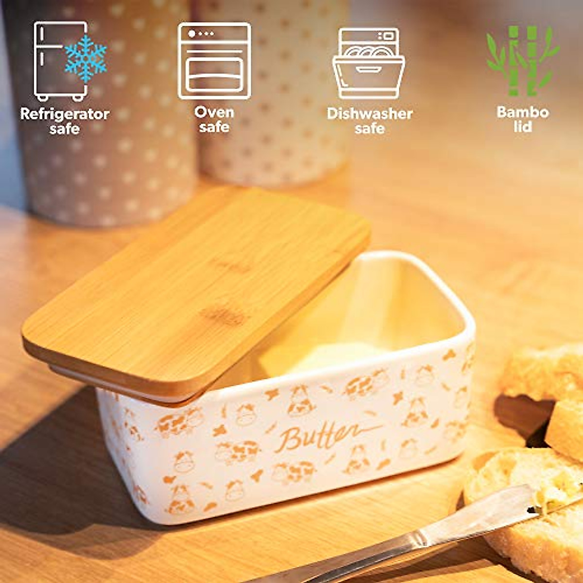Lumicook Ceramic Butter Dish with Wooden Lid, Large Butter Container Keeper Storage with Stainless Steel Butter Knife Spreader, Bamboo Cover, butter holder easily fits 2 sticks of butter