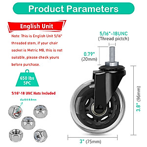 Hirate 3" Office Chair Casters Wheel with 5/16"-18UNC Threaded Stem Heavy Duty Caster Replacement Smooth Rolling for Hardwood Floors, Set of 5 with Nylon Lock Nuts