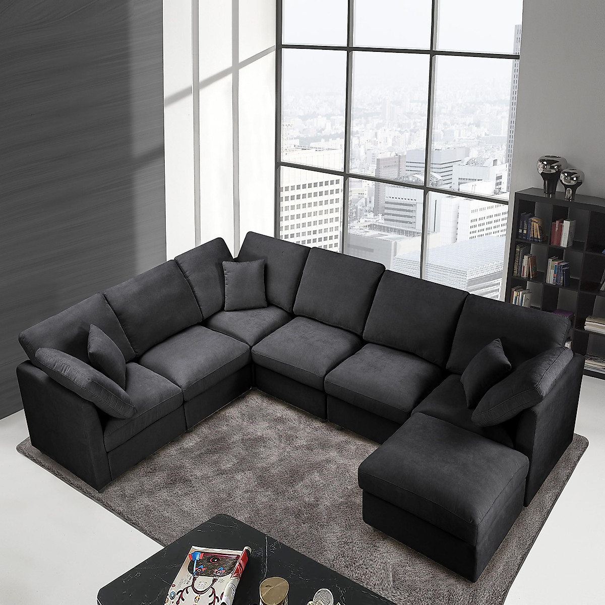 117" Modular Sectional Sofa,U-Shaped Chenille Sofa Couch with Movable Ottoman,Modern 7 Seat Cloud Sectional Couches for Living Room Office Home (Black) (Black, 117" U-7 Seater)