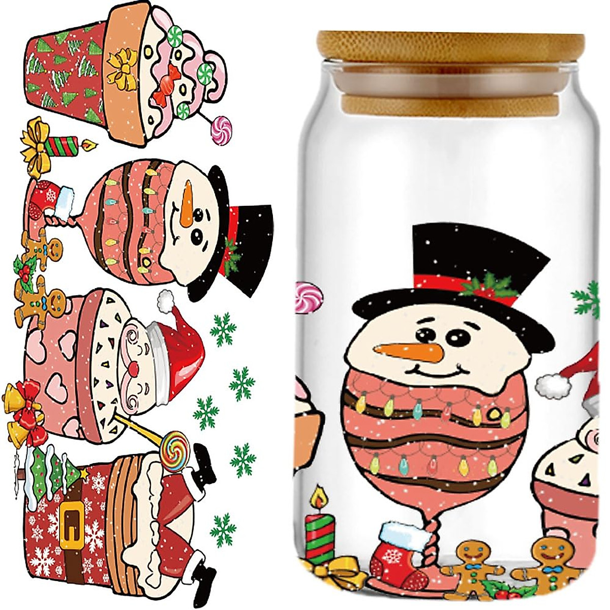 5Sheets Christmas Decorations UV DTF Transfer Sticker,Santa Claus Rub on Transfers Stickers Cute Cartoon Xmas UV DTF Cup Wrap Stickers for Glass Cups Christmas Decor Rub on Transfers for Crafts Decals