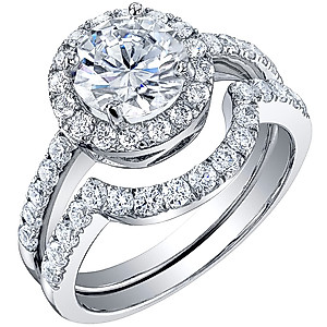 PEORA Moissanite Classic Halo Engagement Ring and Wedding Band Bridal Set in Sterling Silver, 1.50 Carat Center, DE Color, VVS Clarity, Size 6.5