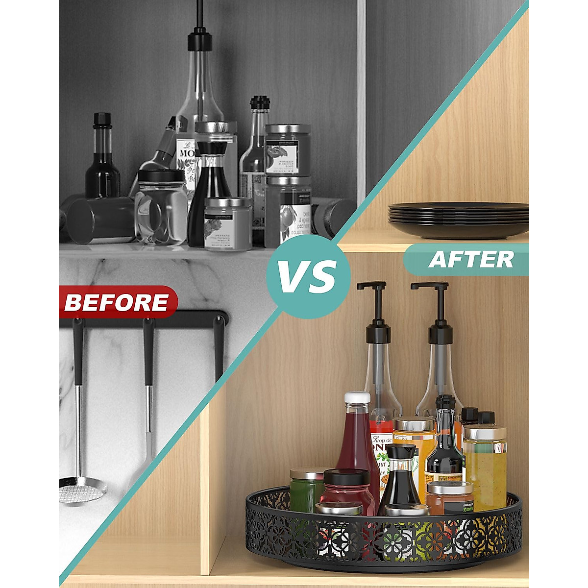 Lazy Susan Organizer, 12 Inch Lazy Susan Turntable for Cabinet, Turntable Organizer for Pantry Vanity Tray Countertop Spice Rack Kitchen Bathroom, Large Lazy Susan with 2 Removable Liners, Black