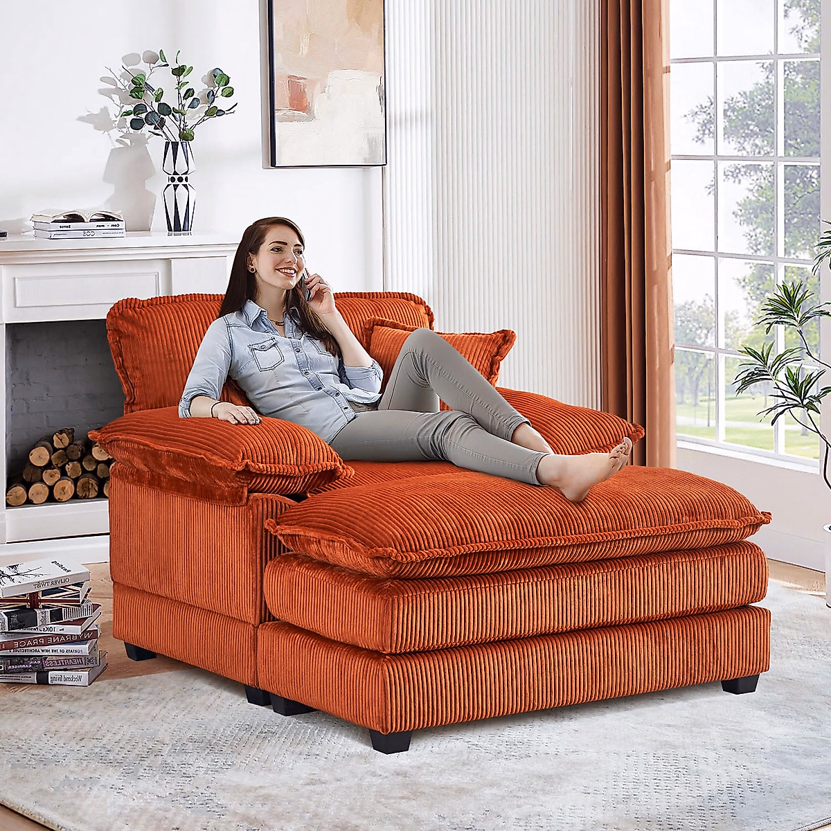 Oversized Chaise Lounge Chair Indoor with Ottoman,46.9"W Corduroy Upholstered Modern Single Sofa Reading Chair,Deep Seat Sectional Couch,Comfy Reclining Sleeper Chair for Living Room(1 Seater,Orange)