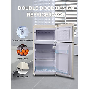 WANAI Compact Refrigerator 3.5 Cu.Ft Retro Mini Fridge With Freezer 2 Door Mini Refrigerator with 7 TEMP Modes, Removable Shelves, LED Lights, Ideal for Apartment Camper Dorm and Office, Cream