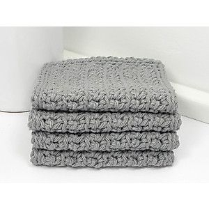 Set of 4 Handmade Grey 4 inch x 7 inch Rectangular Crochet Cotton Dishcloths, Gray Dishrags