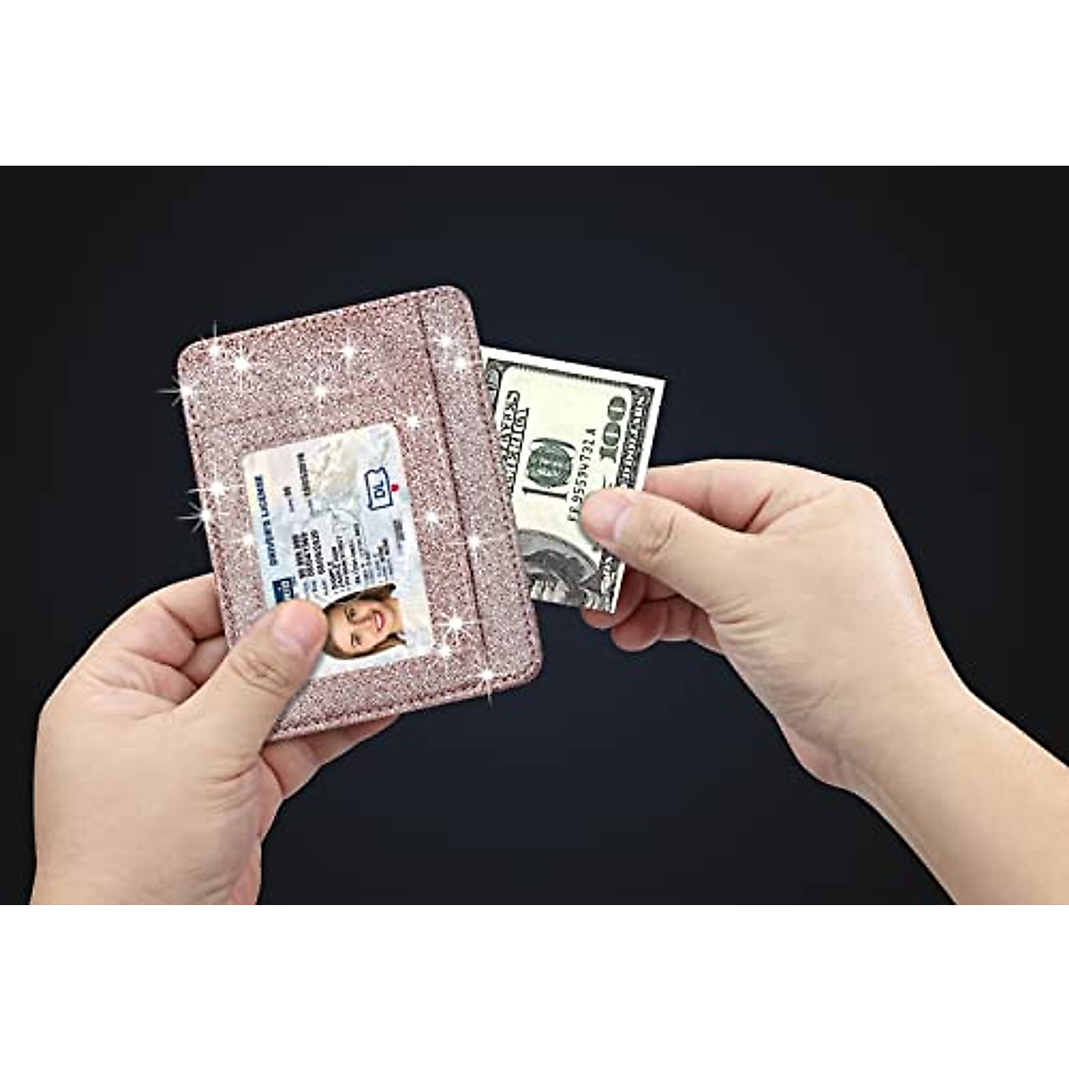 HOTCOOL Card Holder Wallet Front Pocket Minimalist Leather With RFID Blocking Wallet for Men & Women, Glitter Rose