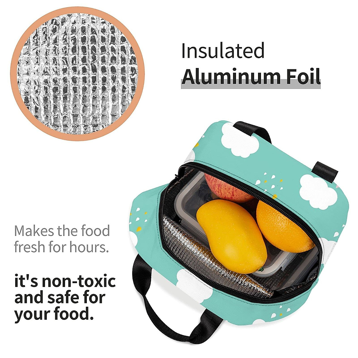 Cute Sky With Rainy Clouds Kawaii Lunch Box Travel Bag Picnic Bags Insulated Durable Shopping Bag Back To School Reusable Waterproof Bags For Man Woman Girls Boys