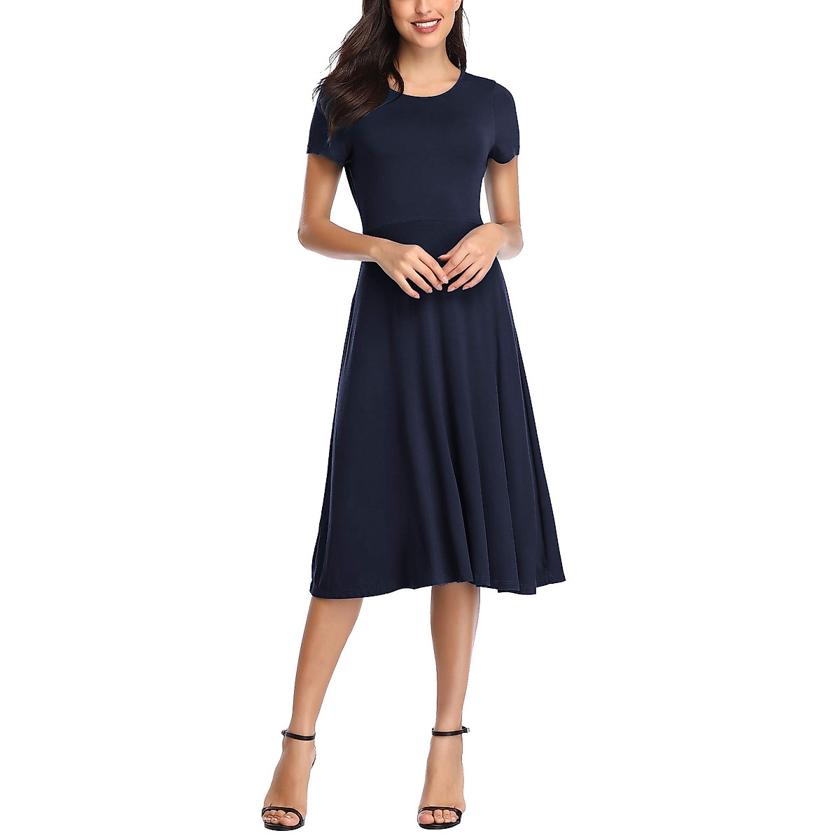 Urban CoCo Women's Vintage Short Sleeve High Waist Flared Midi Casual Summer Dress Navy Blue