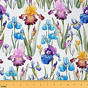 Floral Upholstery Fabric, Leaves Fabric by The Yard, Romantic Botanical Decorative Fabric, Iris Hyacinth Indoor Outdoor Fabric, Watercolor DIY Art Waterproof Fabric, Blue Purple, 1 Yard