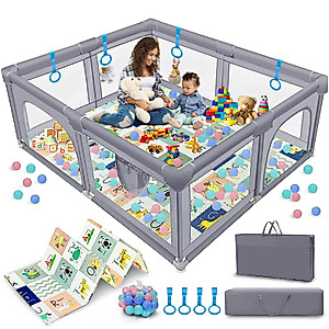 Extra Large Baby Playpen with Mat, playpen with 50 Pit Balls, Shock Absorbing Mat, Anti-Slip Suckers, 81'x65' Baby Play Yard with Gate, Play Pen for Babies and Toddlers Indoor Outdoor (Dark Gray)