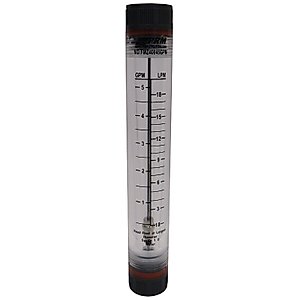 PRM 1-5 GPM Water Rotameter Flow Meter, 1/2 Inch FNPT Connector, 316 SS Plunger & Travel Rod, Viton Seals, Acrylic Body with PVC Ends, ±4% Accuracy, 85 PSI Max Pressure