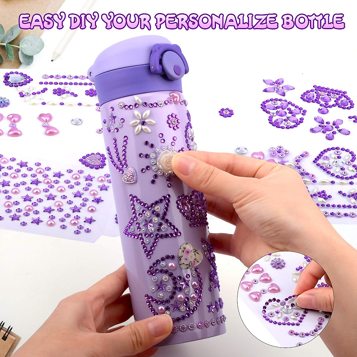 HULASO Valentines Day Gifts for Kids 7 Year Old Girls Decorate Your Own Water Bottles with Gem Stickers - DIY Gifts Arts and Crafts, BPA Free Stainless Steel Vacuum Insulated Mug (17 OZ)