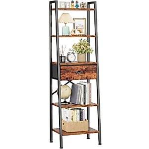 Furologee 5 Tier Ladder Shelf with Drawer, Tall Bookshelf Storage Shelves, Bookcase Standing Shelf Units, Industrial Open Display Shelves Organizer for Bedroom, Living Room, Kitchen, Rustic Brown