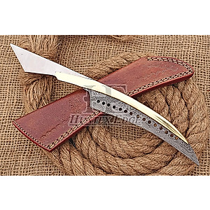 HUNTEX Custom Handmade Hand-Forged Rain Drop Pattern Damascus Steel 11 Inch Long Full Tang Steel-Brass Handle Razor Sharp Hunting Camping Hawkbill Knife w/Genuine Leather Pouch