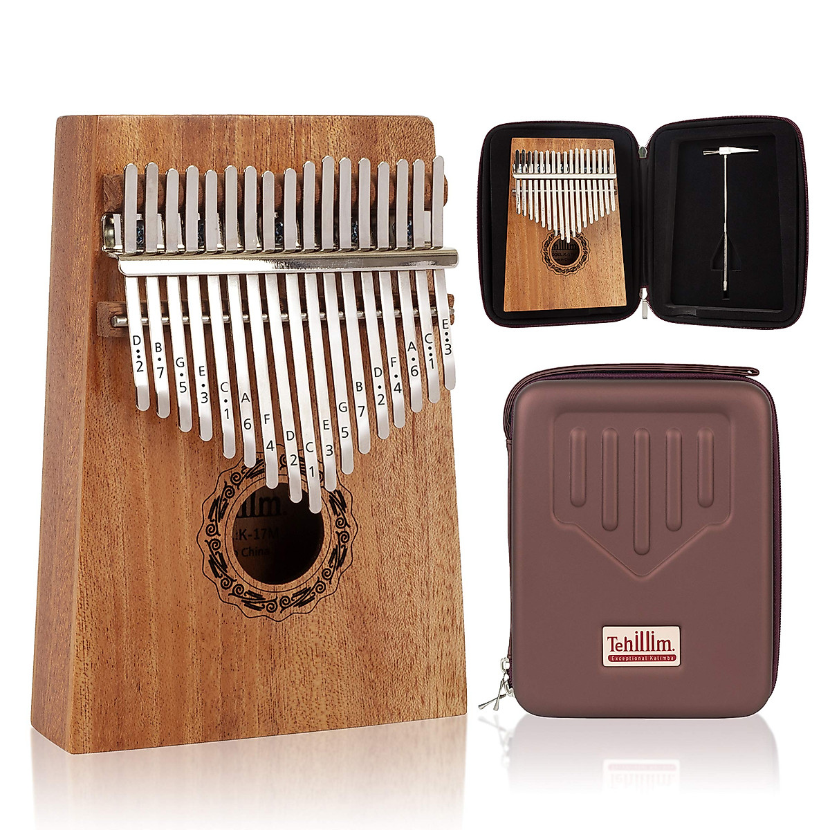 Tehillim Kalimba 17 Keys Thumb Piano with Hard Case, Study Instruction and Tunning Hammer, Portable Mibra Sanza African Wood Finger Piano, Gift for Kids Adult Beginners Professional (Mahogany wood)