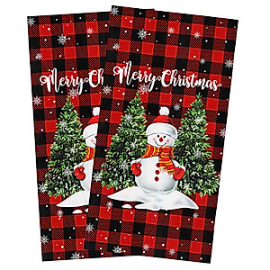 Beisseid Christmas Kitchen Dish Towels Snowman with Xmas Tree Dish Cloth Fingertip Bath Towels Cloth Red Buffalo Plaid Check Hand Drying Soft Cotton Tea Towel Set 18x28in 2PCS