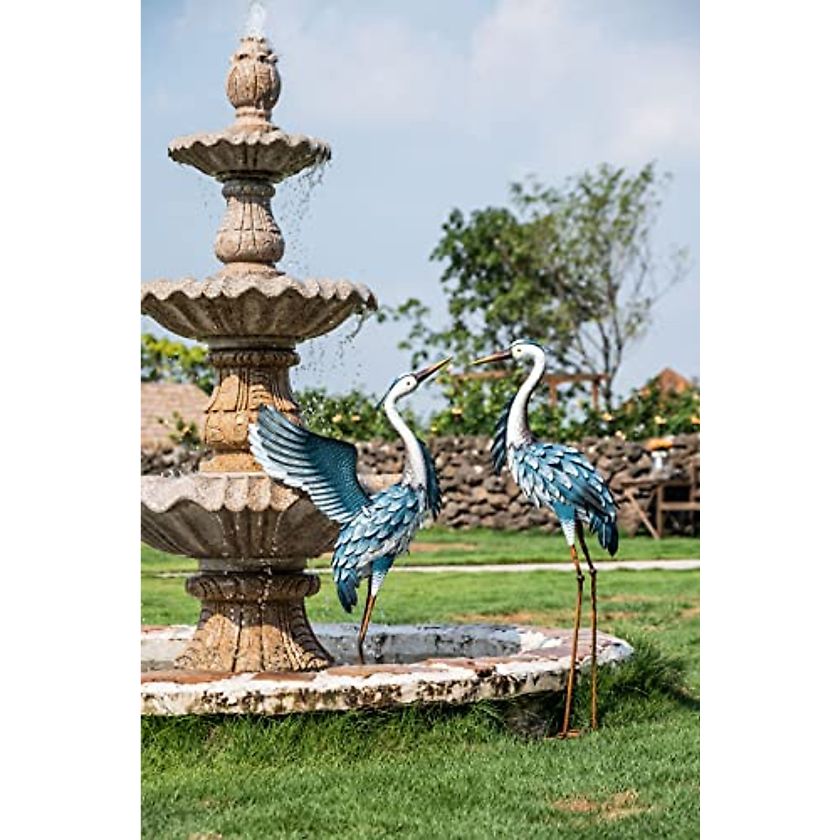 TERESA'S COLLECTIONS Garden Decor Blue Heron Sculptures Great Yard Decor, 37-40.7 Inch Large Metal Cranes Statues Decoy for Outdoor Outside Yard Art Patio Pond Pool Lawn Indoor Decorations, Set of 2