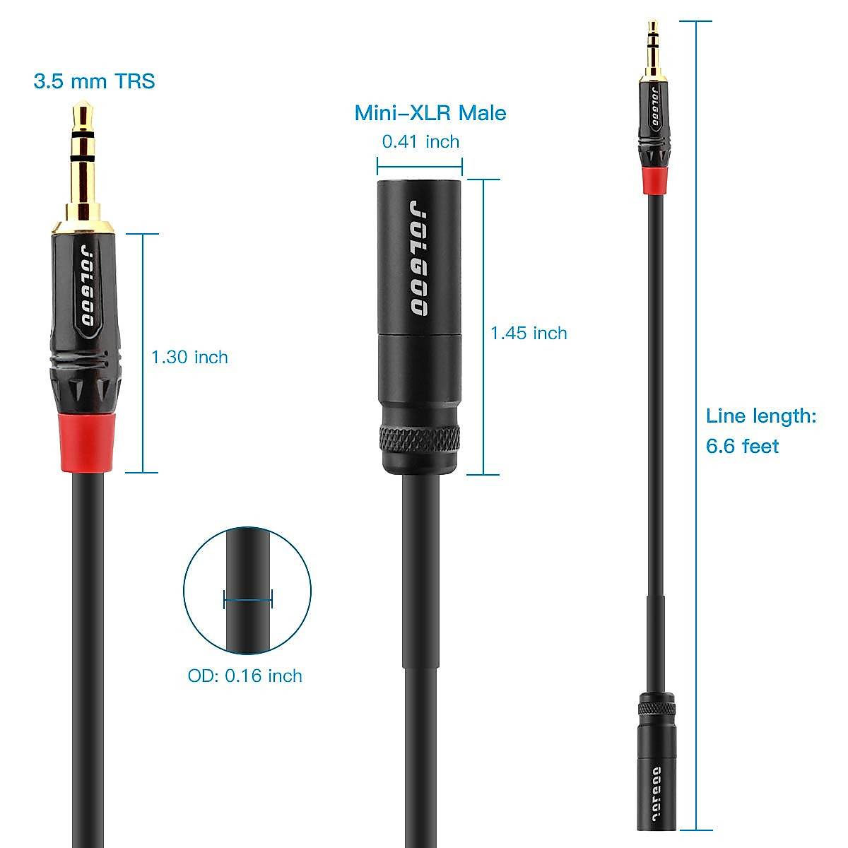 JOLGOO Mini XLR Male to 3.5mm Stereo Audio Plug Cable, 3-pin Mini XLR Male to 1/8" TRS Plug Cable, for BMPCC 4K Camera Video Assist 4K Sharp 8K, 6.6 Feet