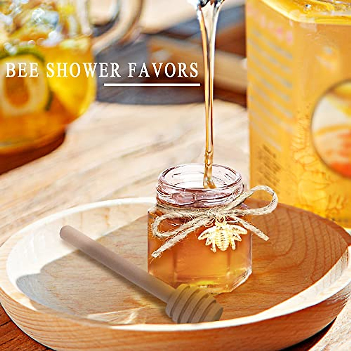 GIVAMEIHF 40 pack Mini Glass Honey jars,1.5oz Hexagon Honey Jars with Wooden Dipper,Gold Lid,Pendant,Rope,Mini Honey Jars with Lids,Perfect for Baby Shower,Wedding Favors,Party Favors