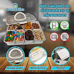 HouseBliss Divided Serving Tray with Lid and Handle, Portable Snackle Box Charcuterie Container, 8 Compartment Snack Divider Container for Candy, Fruits, Nuts, Perfect for Party, Picnic, Cream