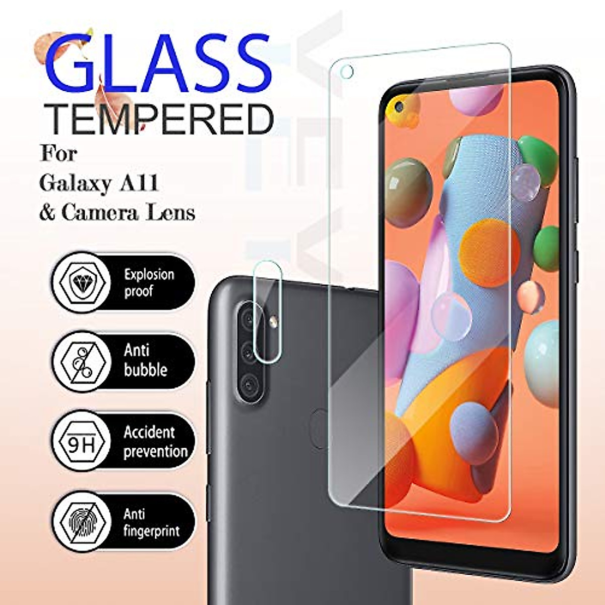 YEYEBF Galaxy A11 HD Clear Tempered Glass Screen Protector + Camera Lens Protectors, [2+2 Pack] [3D Glass] [Anti-Glare] [Bubble-Free] Screen Protector Glass For Samsung Galaxy A11