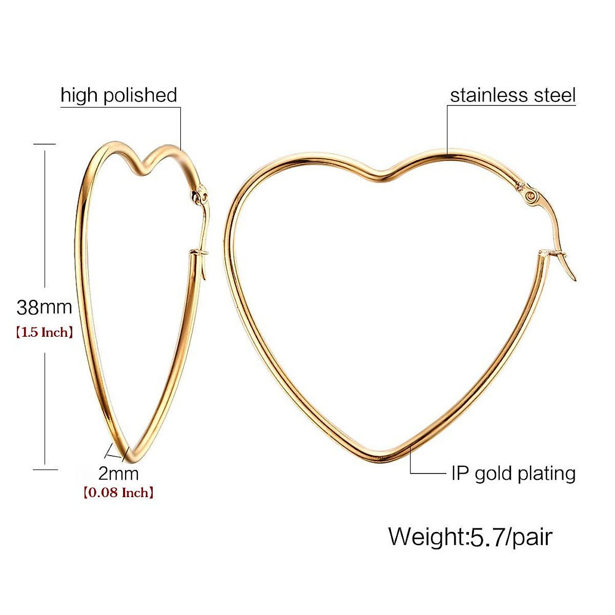 Women's Stainless Steel Gold Plated Heart Shape Hinged Large Hoop Earring,Anti-allergy