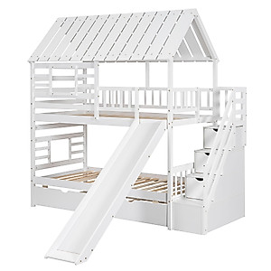 MERITLINE Twin Over Twin Bunk Bed with Stairs and Storage, Kids House Bunk Bed with Slide,Twin Bunk Bed with Trundle for Girls Boys, White