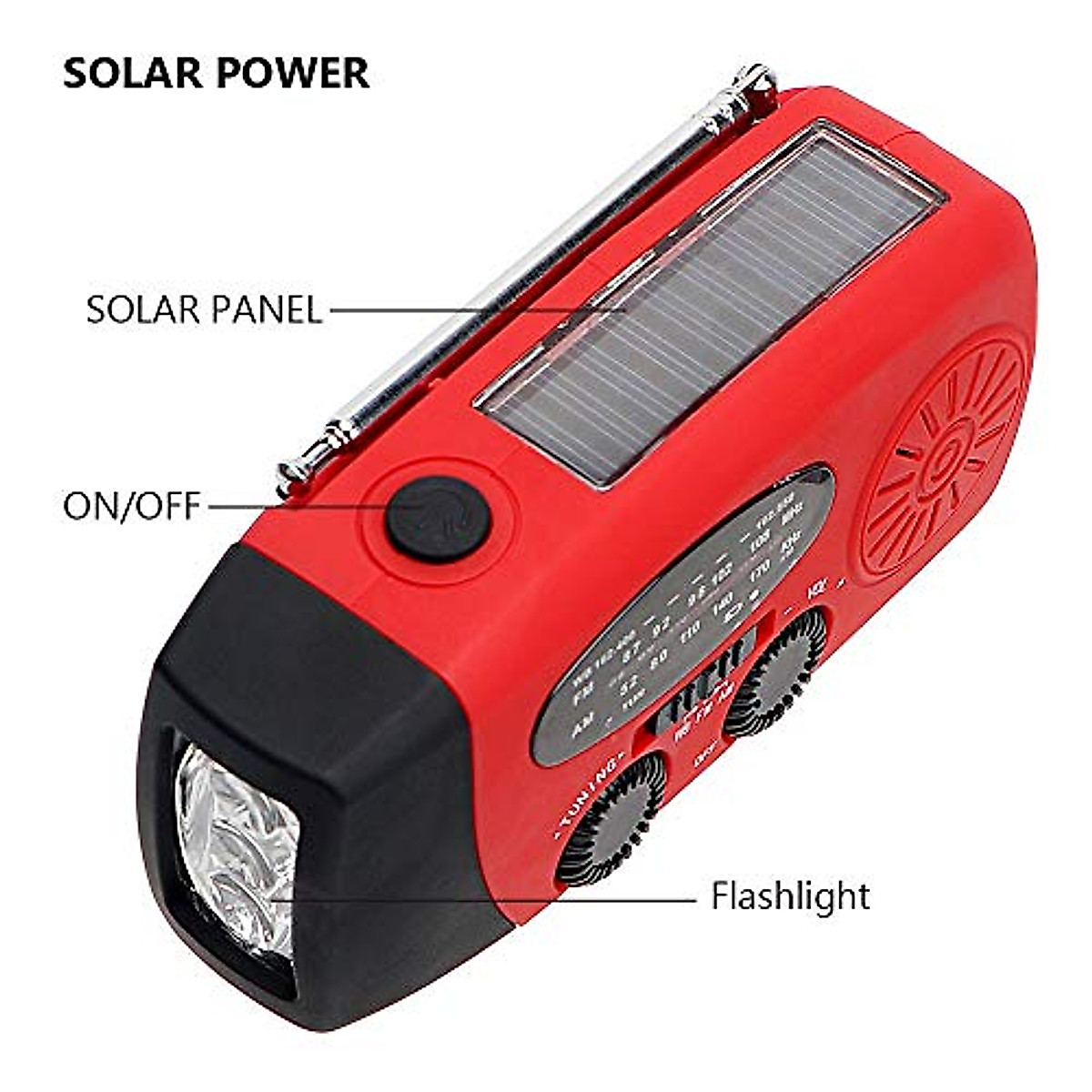 FM/AM/NOAA Weather Radio Hand Crank Self Powered Solar Emergency Radios with 3 LED Flashlight 2000mah Power Bank Smart Phone Charger (Red)