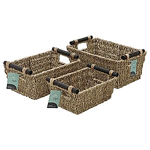 JVL Seagrass Set of 3 Tapered Storage Baskets with Wooden Handles