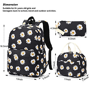 Yusudan Daisy Girls School Backpack Set, Kids Teens School Bag Bookbag with Lunch Bag Pencil Bag (Black)