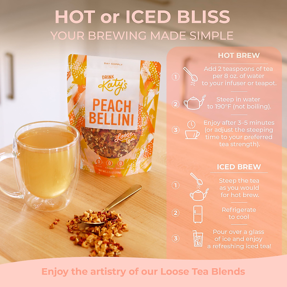 Katy’s Peach Bellini Loose Leaf Tea | Fruity & Refreshing White Herbal Tea | Caffeine-Free Peach Tea | 30+ Cups | Hot or Iced | Apple, Peach & Mango | Premium Quality | Woman-Owned | 2.75oz Pouch
