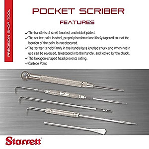 Starrett Carbide Pocket Scriber with Hexagon Shape Head - 2-7/8" (72mm) Point Length, 3/8" (9.5mm) Handle Diameter, Knurled and Nickel-Plated Handle - 70BX