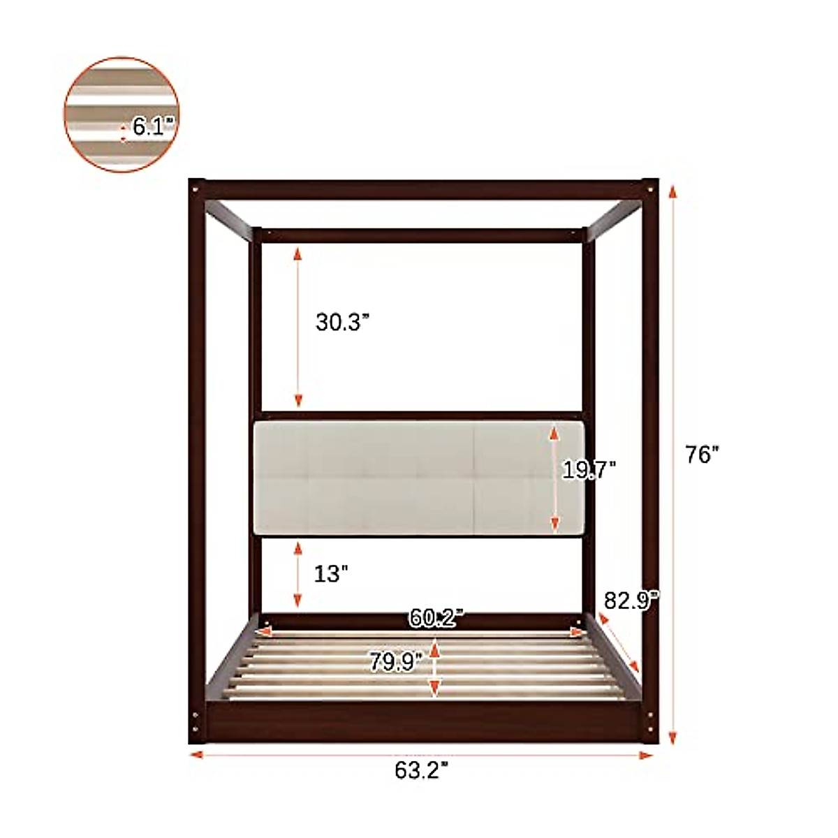 HAUSHECK Queen Size Canopy Bed with Upholstered Headboard, Four-Poster Queen Canopy Platform Bed Frame, Wood Floor Bed Frame with Sturdy Wooden Slatted Structure, No Box Spring Needed, Easy Assembly