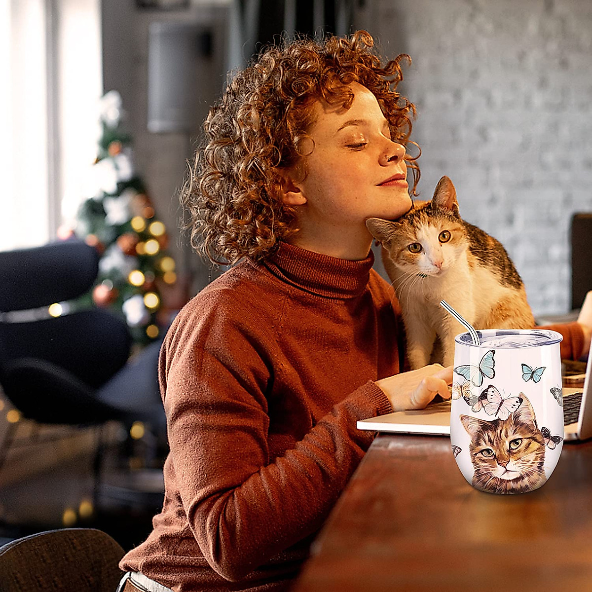 NymphFable 12oz Cat Cup Wine Tumbler With Straw And Lid Insulated Stemless Wine Glass Stainless Steel Double Wall