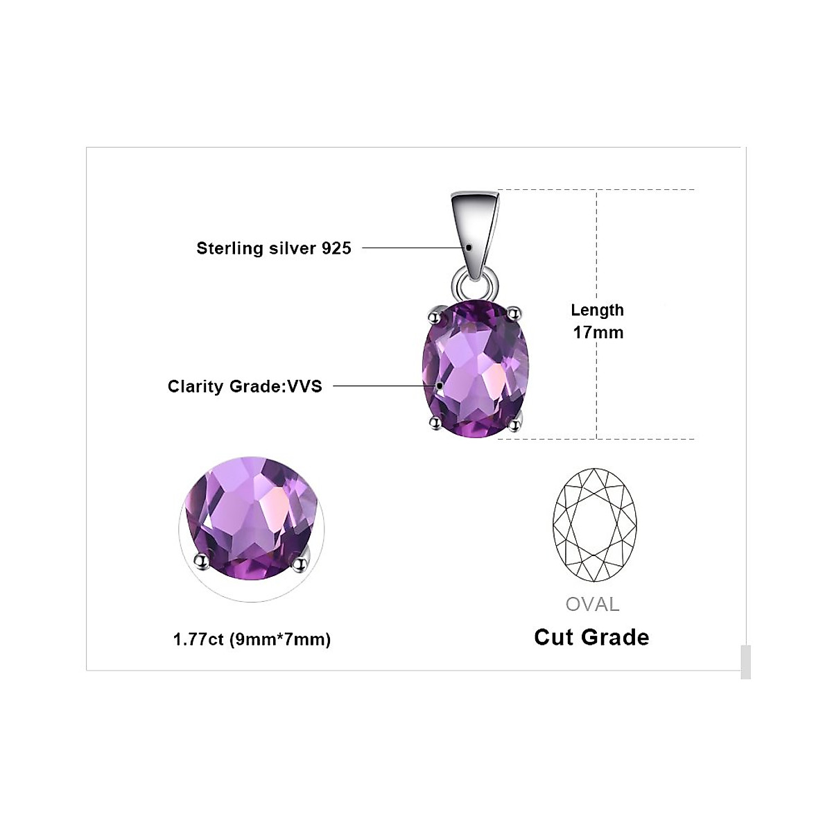 JewelryPalace Gemstones Birthstone Necklace For Women 925 Sterling Silver Solitaire Pendant Necklace For Girls 1.7ct Natural Amethyst Necklace Chain Box 18 Inches Oval Cut